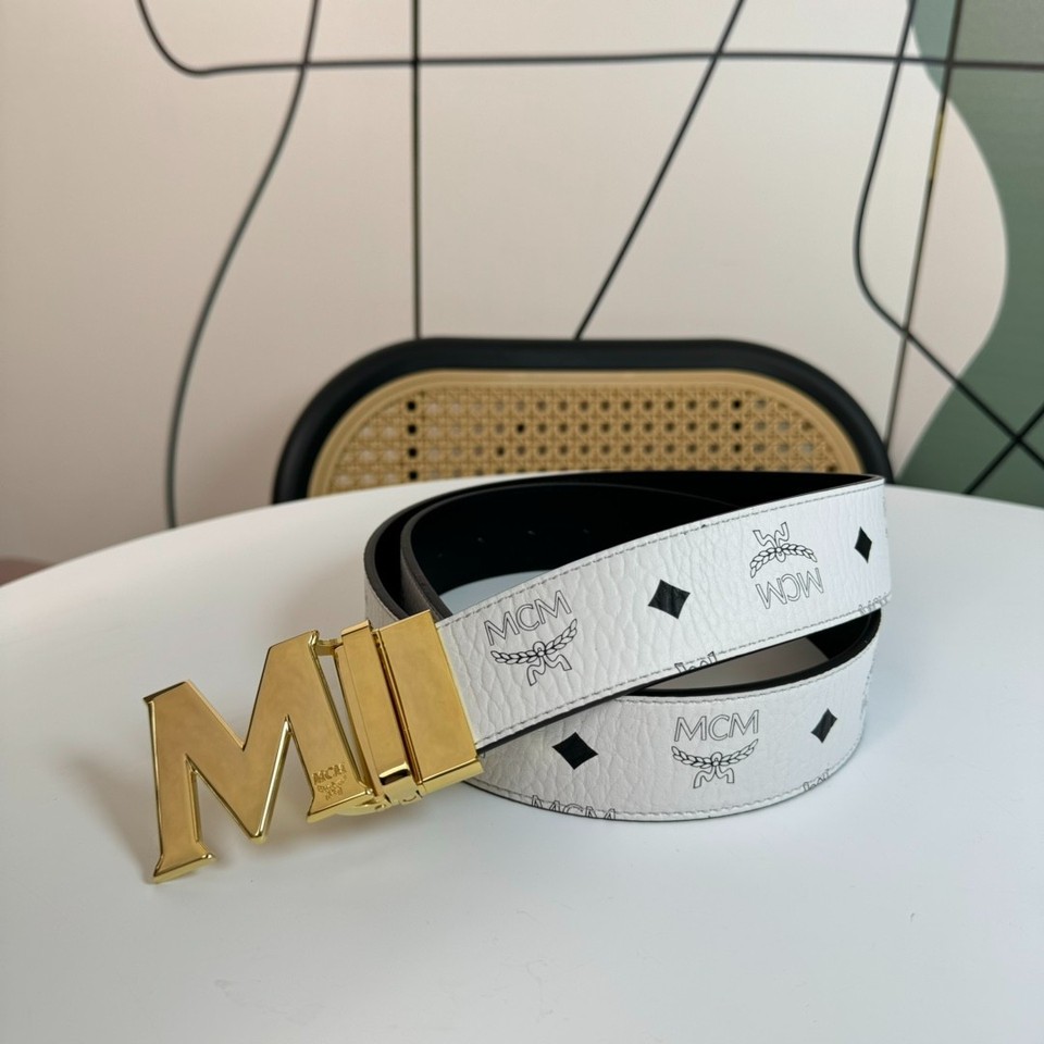 MCM Monogram Logo White Leather Belt | eBay