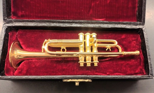 Miniature gold trumpet In Black Red Felt Lined Case 6cm brass band ...
