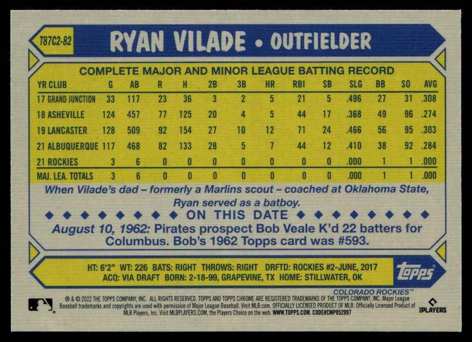 2022 Topps Silver Pack Mojo Ryan Vilade RC Colorado Rockies #T87C2-82 ...