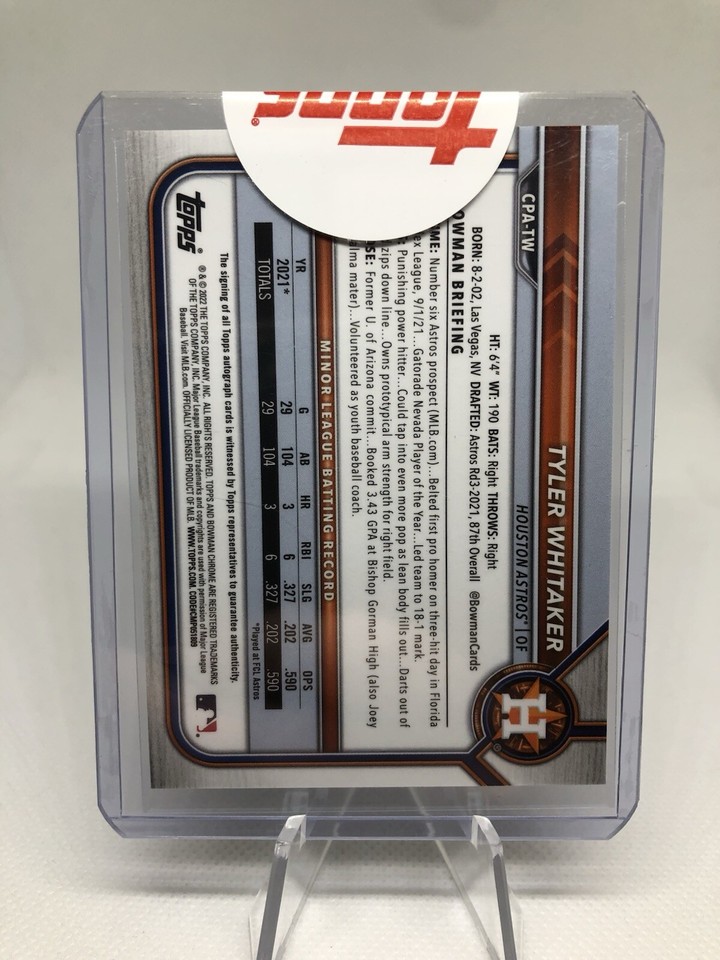 2022 Bowman Chrome Tyler Whitaker Auto #CPA-TW Houston Astros 1st Card ...