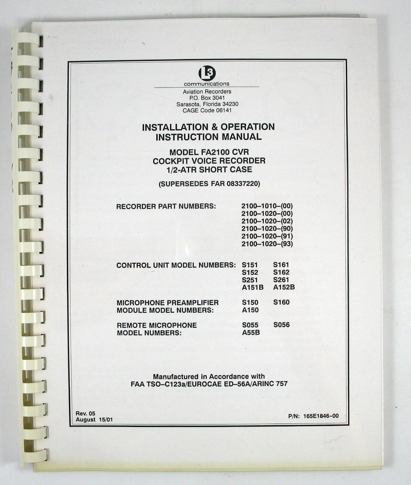 2001 L3 FA2100 Cockpit Voice Recorder 1/2-ATR Short Case Manual | eBay