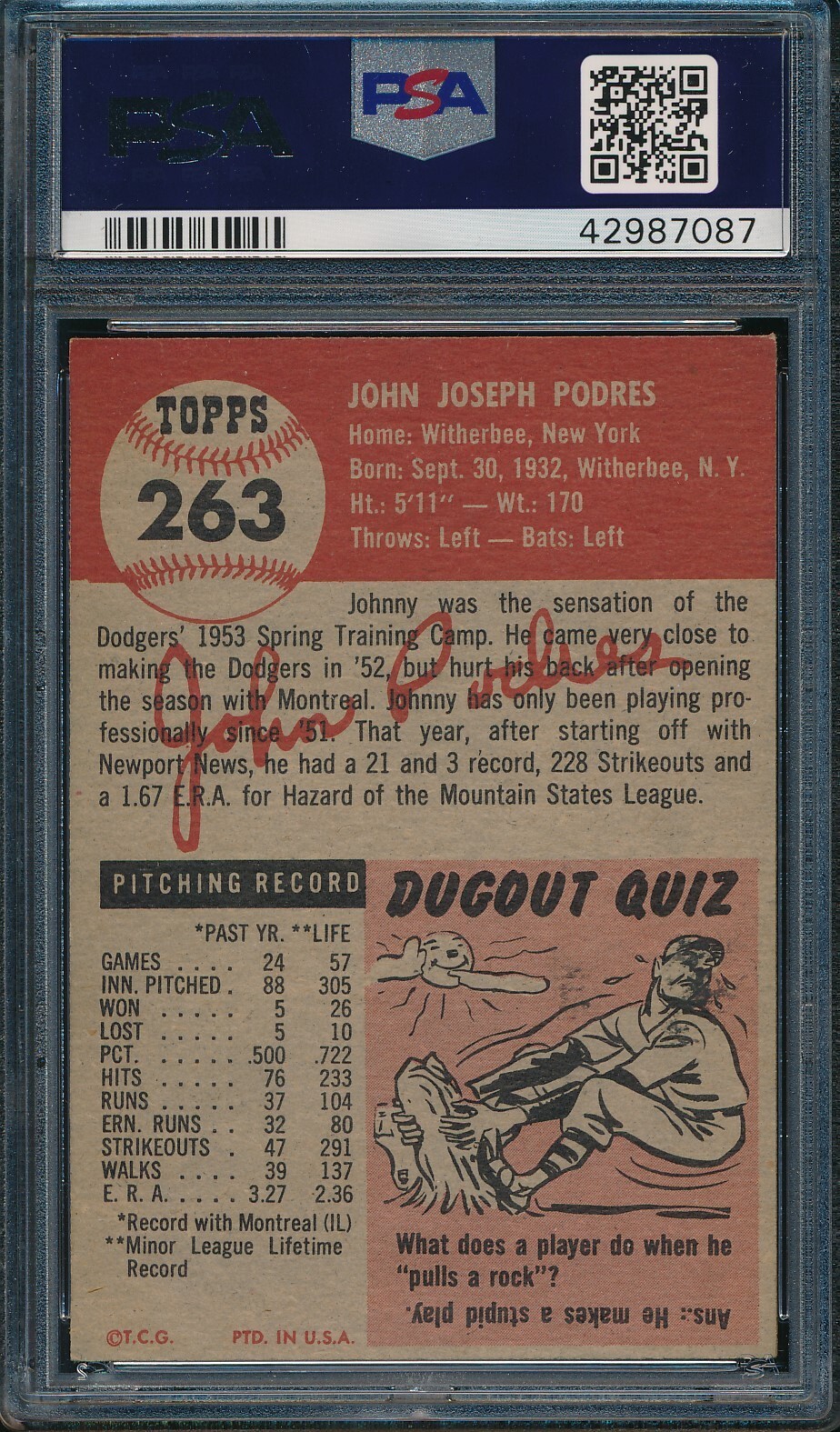 1953 Topps #263 Johnny Podres Dodgers RC PSA 4 - VG/EX | eBay