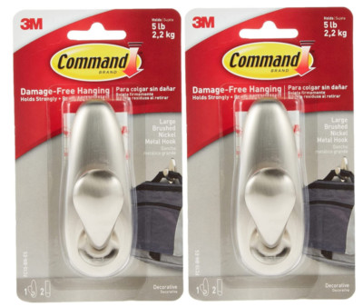 3M Command Hook Large 5 lb Brushed Nickel Metal Wall Strip 2 Pack | eBay