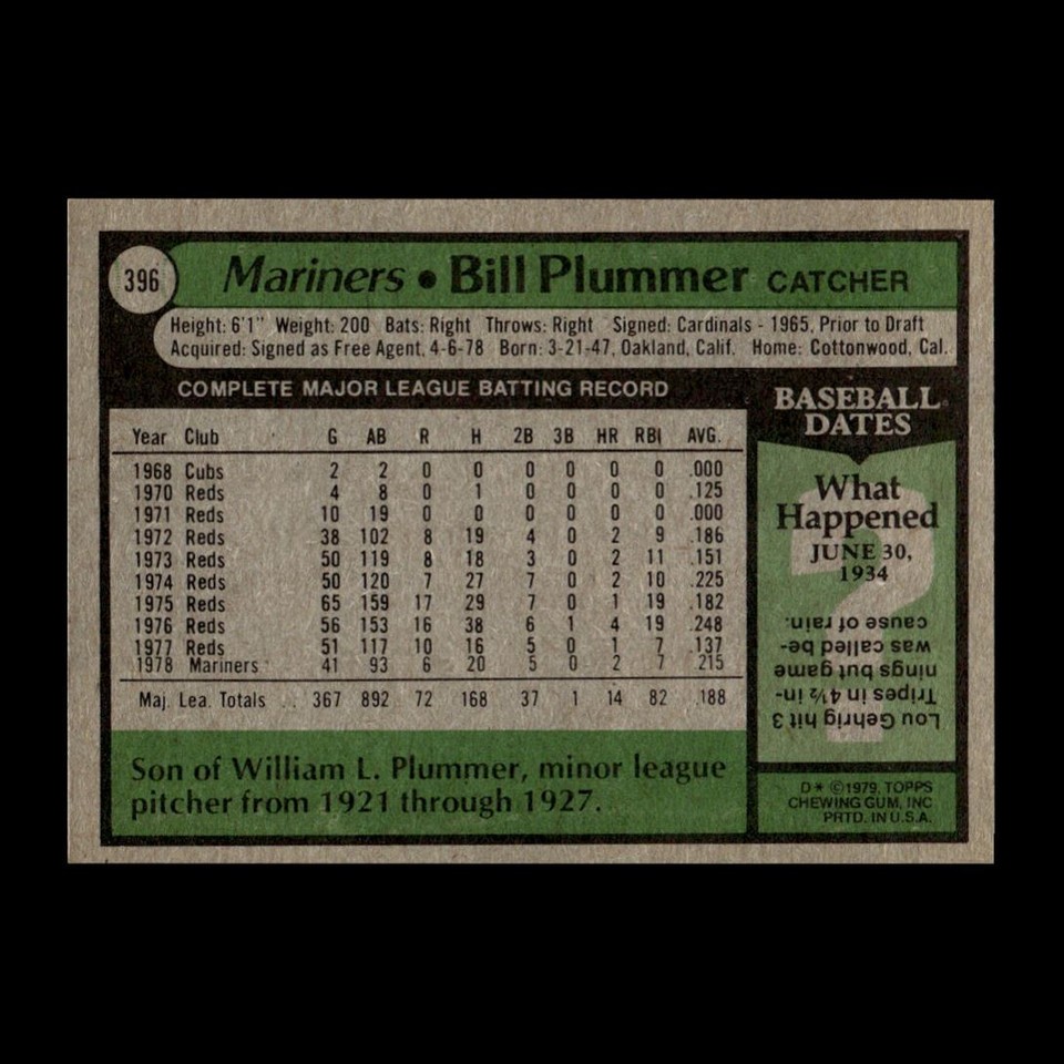 Bill Plummer 1979 Topps Seattle Mariners #396 Nice Vintage! | eBay