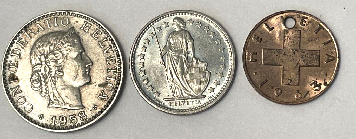 3 Coins, 1958 Switzerland Helvetica 20 Rappen 1974 Helvetia 1/2 Fr ...