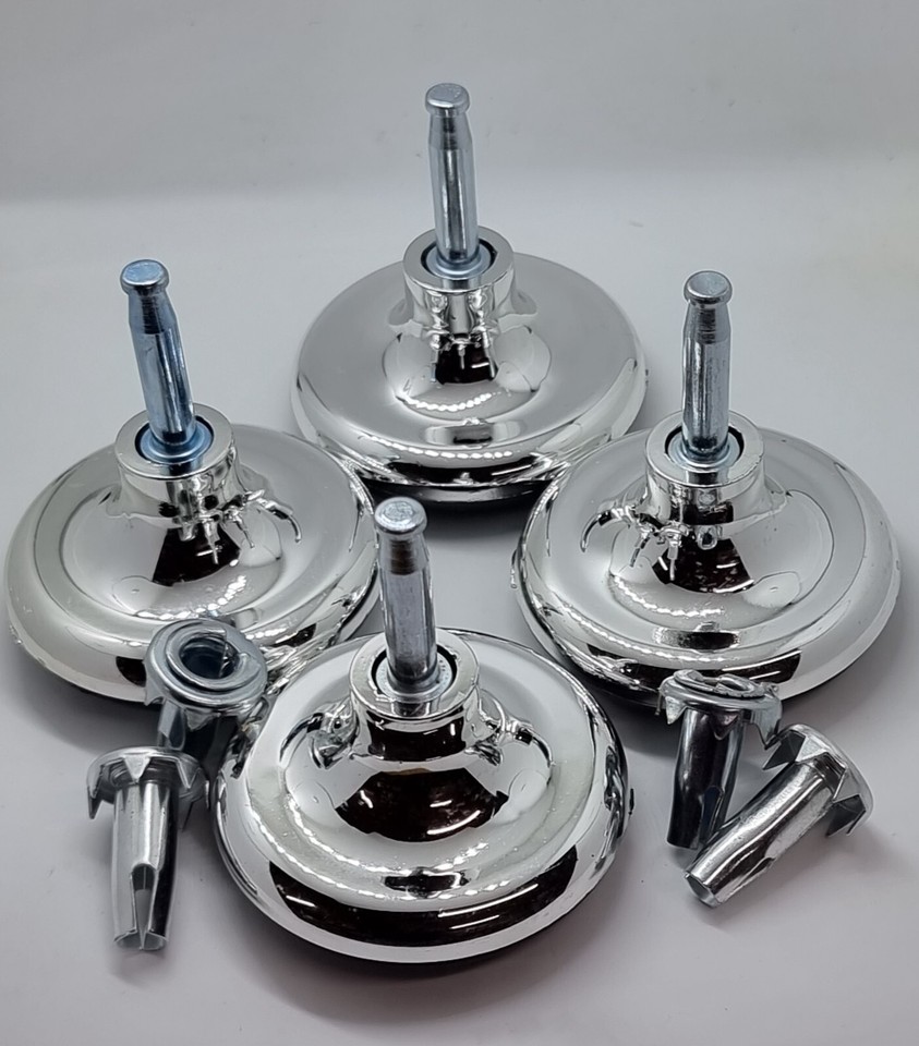 8 Chrome Feet Glides Castors & Insert For Divan Bed Base, Sofa, Settee ...