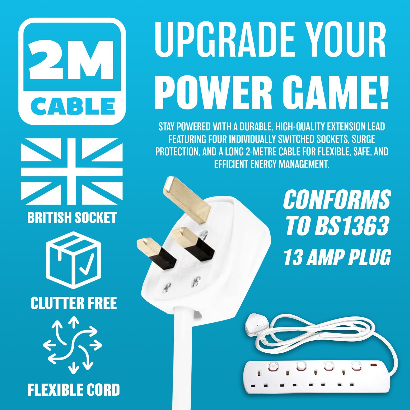 4 WAY GANG EXTENSION LEAD 2 METRE CABLE INDIVIDUALLY SWITCHED 4 SOCKET ...