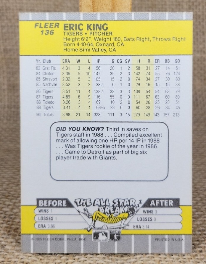 1989 Fleer Eric King Baseball Card #136 Tigers FREE S&H A2 | eBay