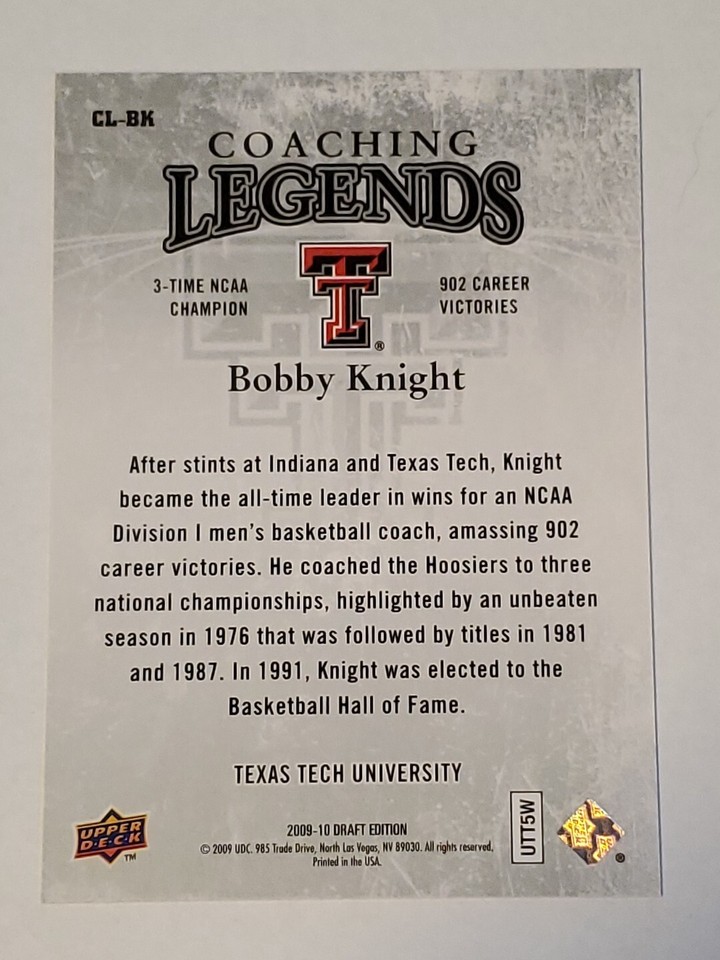 2009-10 Upper Deck Draft Edition #CL-BK Bobby Knight Coaching Legends ...
