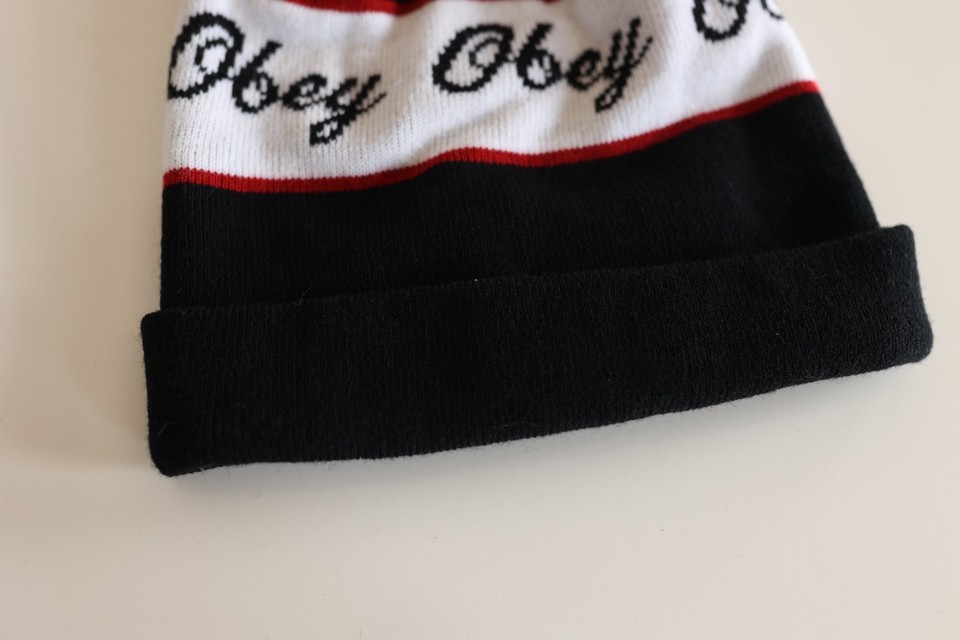 Obey Black White Red Pom Winter Beanie Stocking Cap Obey Spell out Logo ...