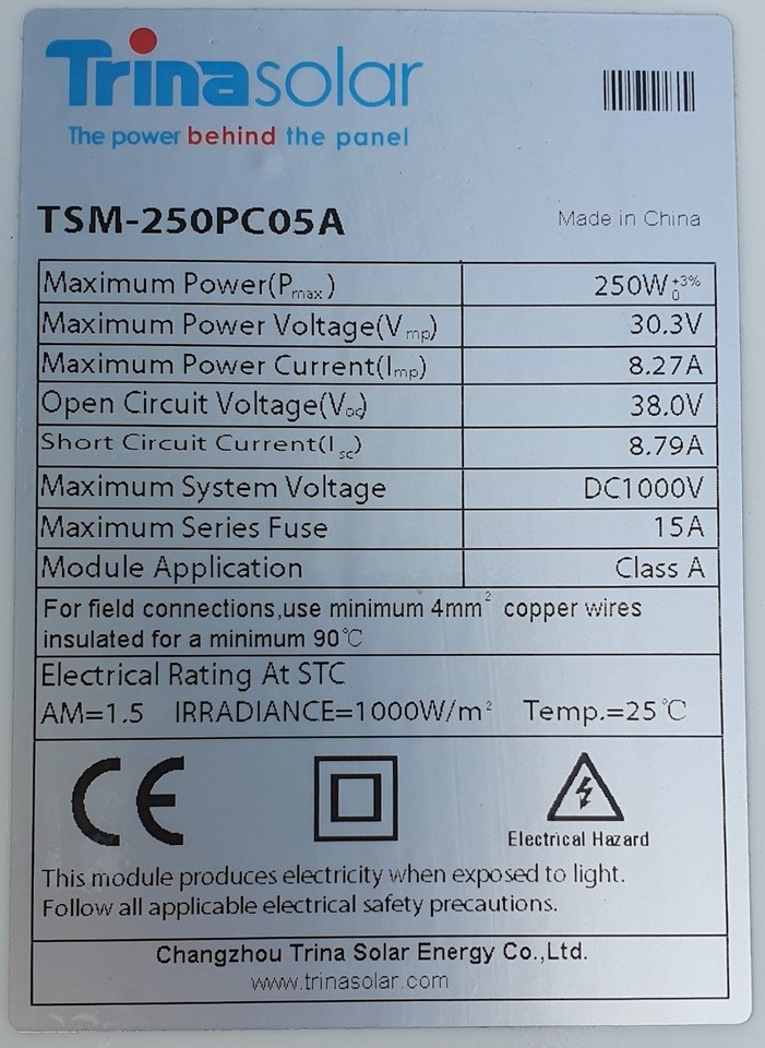 22x Trina Solar 250W Panels (1650x992mm) – PV Solar Panels MC4 ...