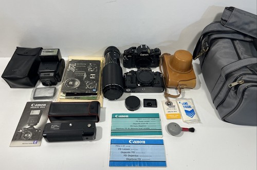 Canon A-1 Film Camera 2 Bodies Lens Speedlite 199A Auto Winder Lot ...