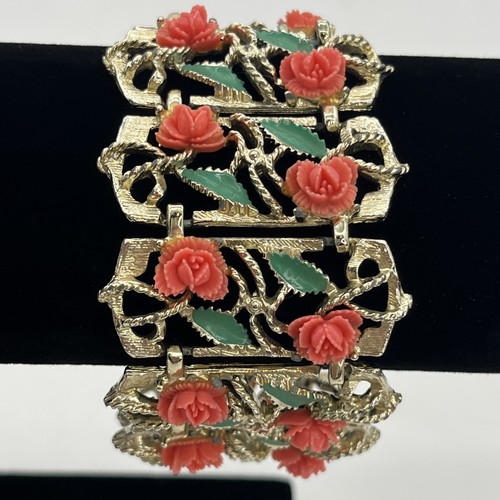 Vintage Gold Tone Filigree 9 Panel Bracelet With Pink Roses & Enamel ...