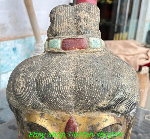 16.5'' Old Tibet Purple Bronze 24K Gold Inlay Gems Exorcism Buddha Head ...