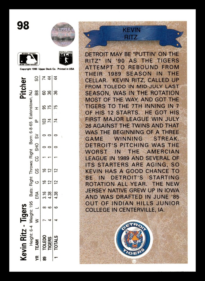 1990 Upper Deck Kevin Ritz Rookie #98 Detroit Tigers Mint | eBay