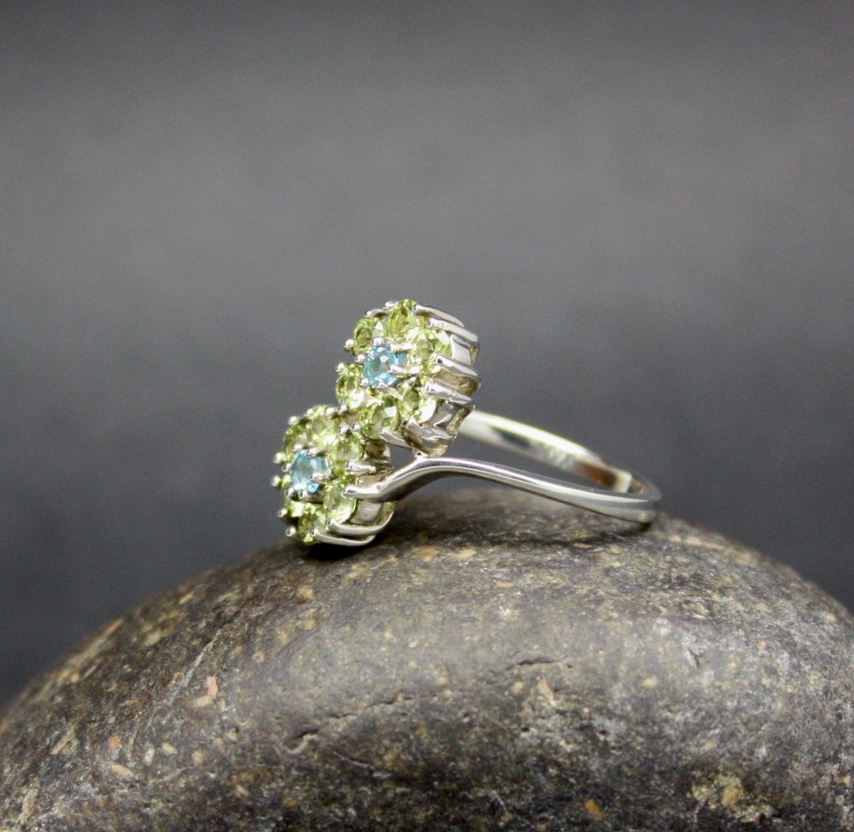 FLOWER RING PERIDOT & BLUE TOPAZ set in 925 STERLING SILVER FAST FREE ...
