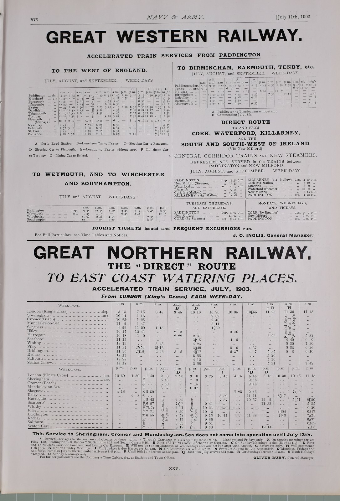 1903 PRINT GREAT WESTERN RAILWAY ADVERT TRAIN SERVICES TO EAST COAST | eBay
