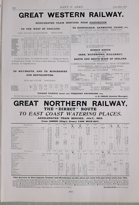 1903 PRINT GREAT WESTERN RAILWAY ADVERT TRAIN SERVICES TO EAST COAST ...