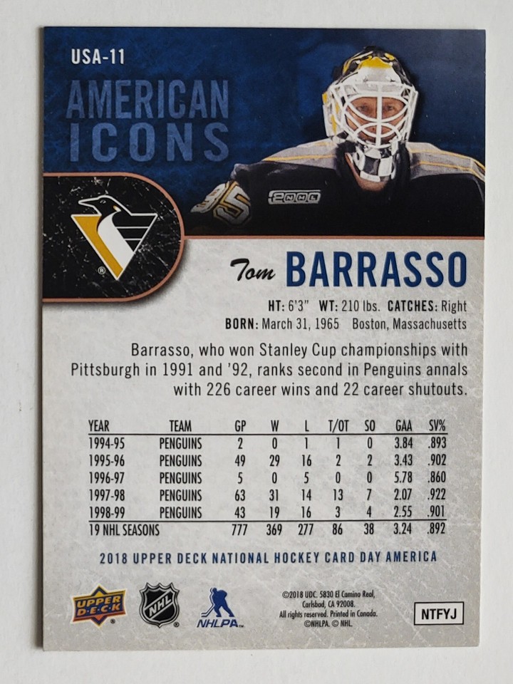 TOM BARRASSO 2018 Upper Deck National Hockey Card Day #USA-11 Penguins ...