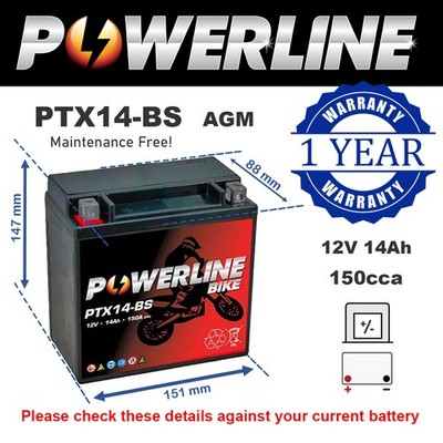 PTX14-BS Powerline AGM Motorcycle Battery 12V 14Ah Replaces YTX14-BS ...