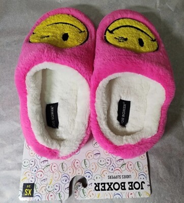 Joe Boxer Winking Smiley Face Plush Pink Slippers. Sherpa Faux Fur ...