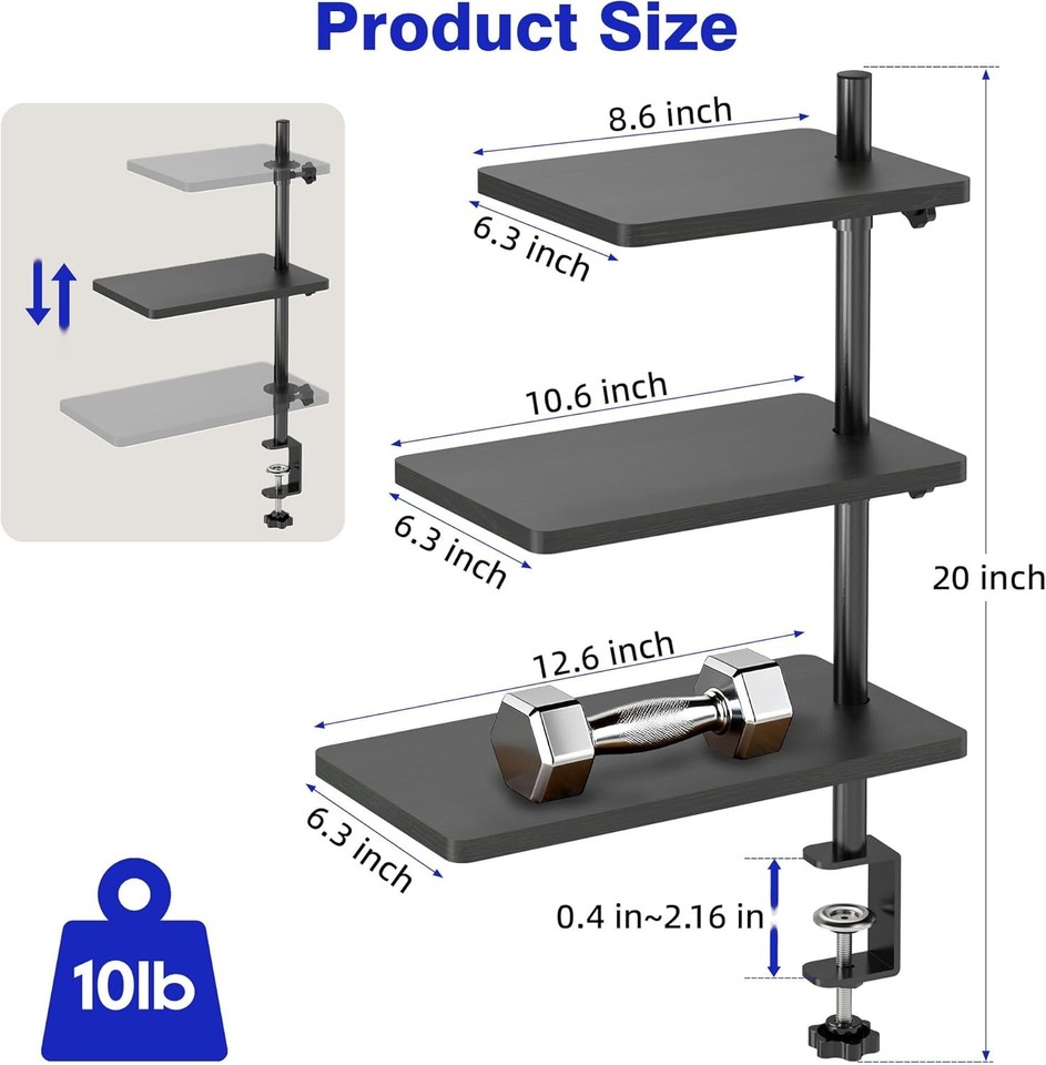 3 Tiers Clamp On Desk Shelf , 360° Angle Adjustable Desktop Shelf ...