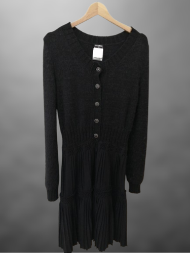CHANEL Knit Dress Wool Cashmere Dark Gray Coco Button 08A P34252K00949 ...