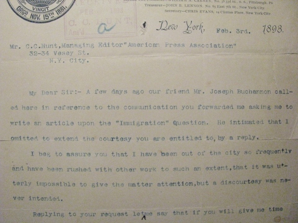 *1898 RARE SIGNED SAMUEL GOMPERS (1850-1924) AFL LABOR UNION ...