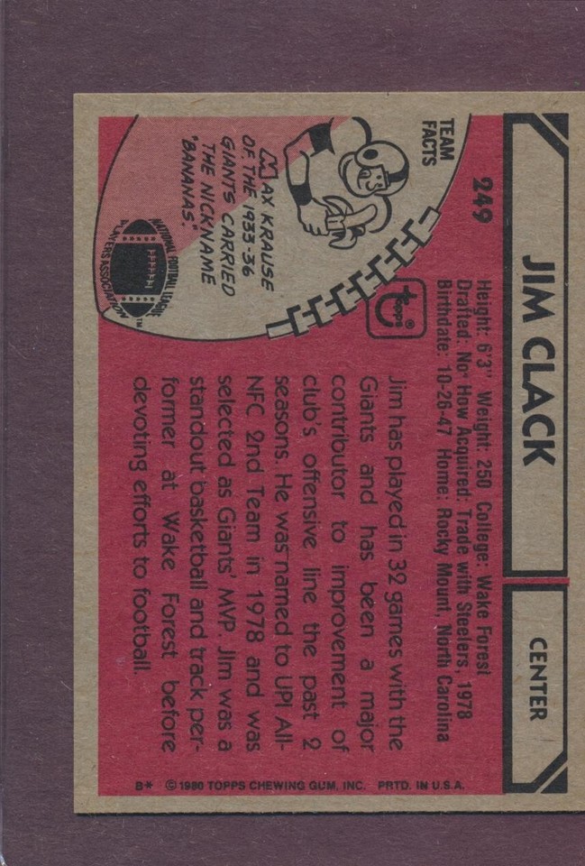 1980 Topps Jim Clack #249 New York Giants MINT DEAD CENTERED | eBay