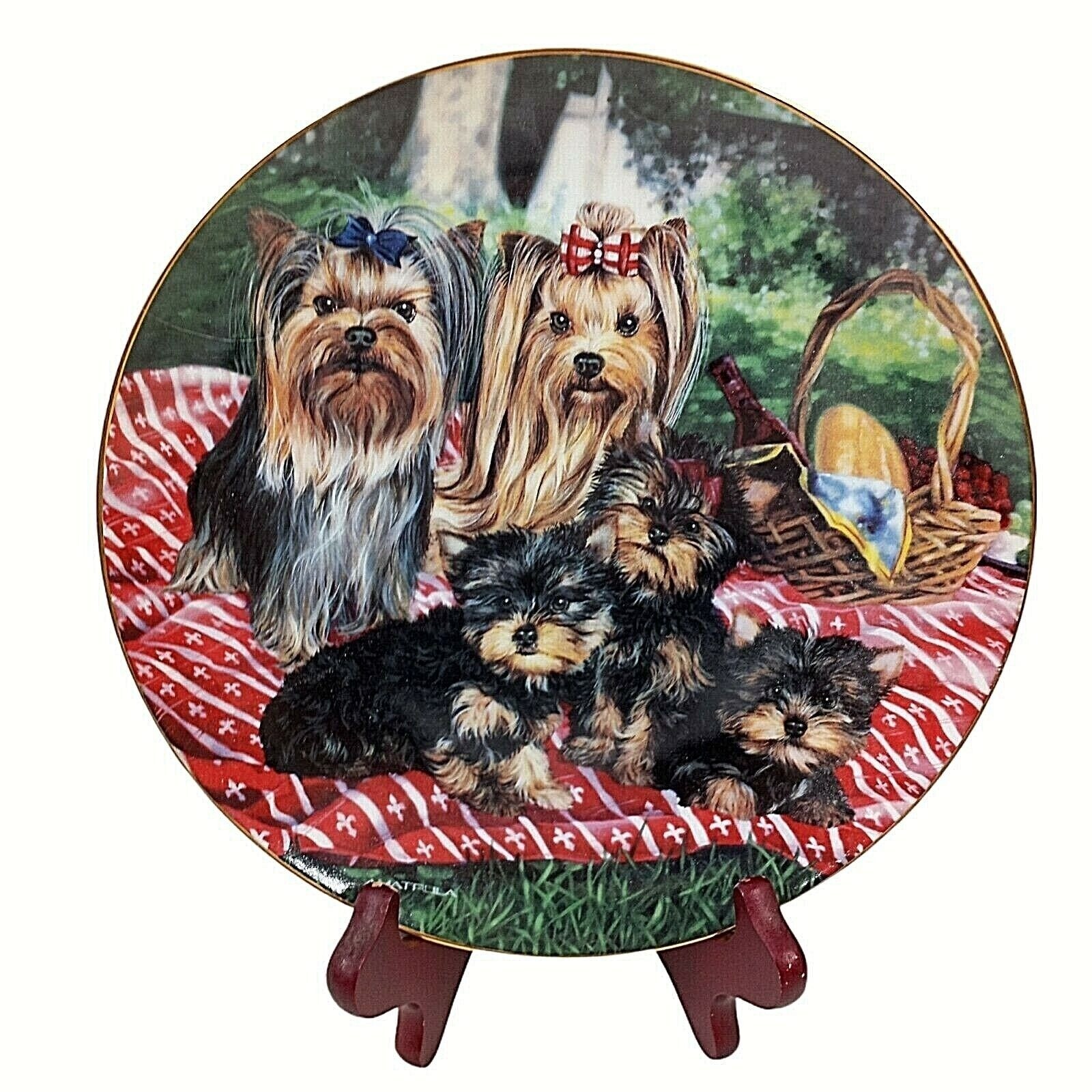 Yorkie Plate Family Picnic Yorkshire Terrier Dog A1857 8" Danbury Mint ...