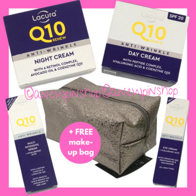 LACURA Q10 Face Cream Day Night Serum Eye Cream Set + FREE Make Up Bag ...