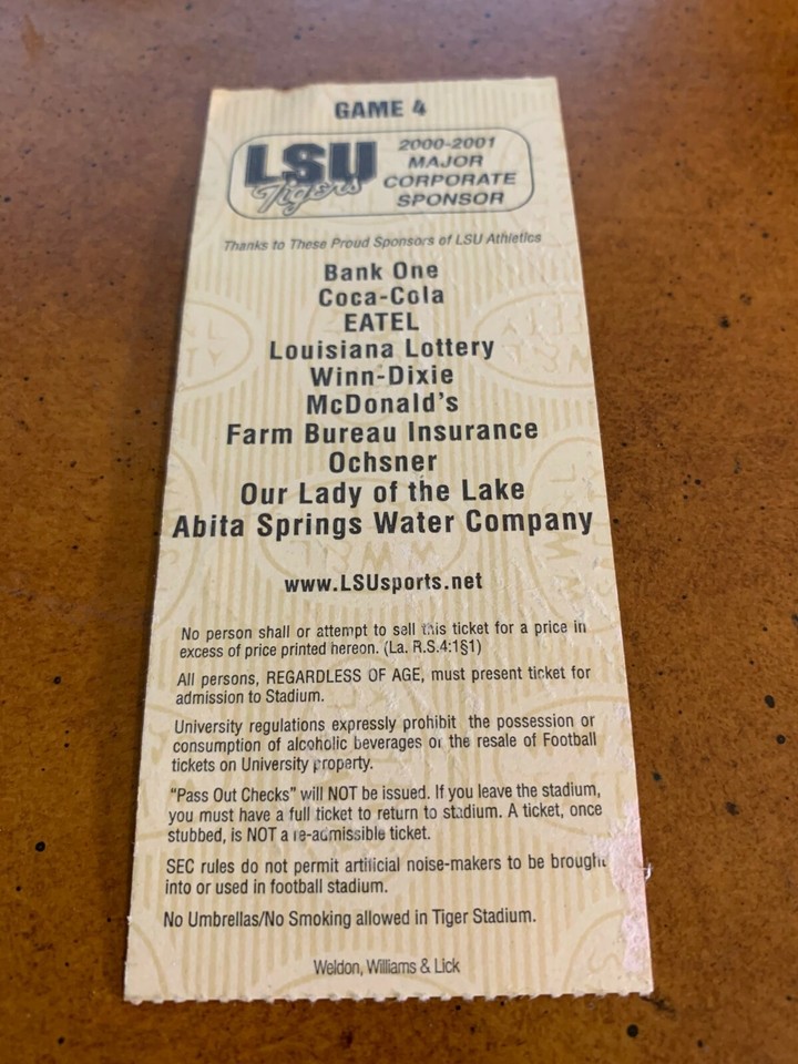 2000 Tennessee Vols v LSU Tigers Football Ticket AJ Suggs Completion ...