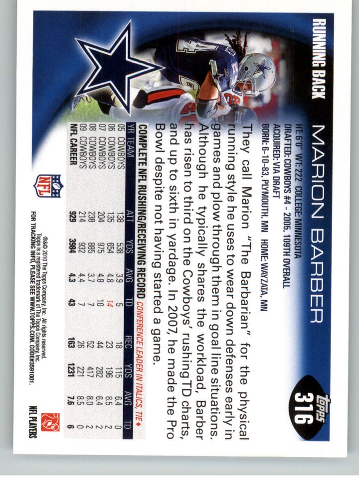 2010 Topps Football #316 Marion Barber - Dallas Cowboys | eBay