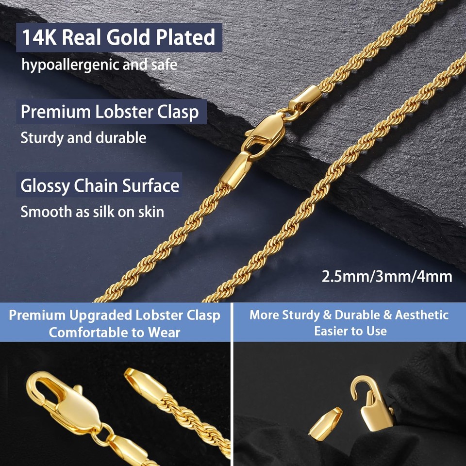 Jewlpire 14K Gold Plated Chain Necklace for Men, 3mm Stainless Steel ...