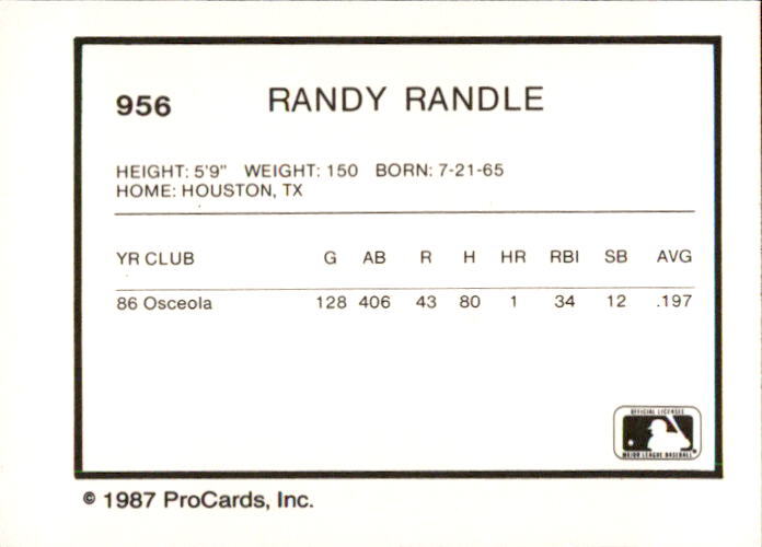 1987 Osceola Astros ProCards #956 Randy Randle Houston Texas TX ...
