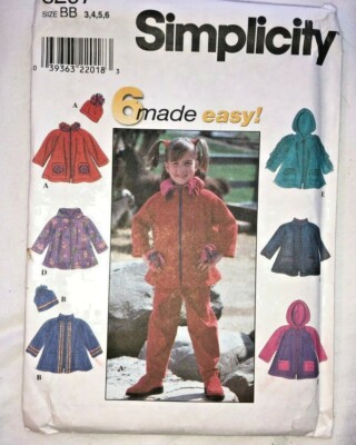 Simplicity 8297 Sewing Pattern Easy Girl's Jackets Hooded Sz BB 3,4,5,6 ...