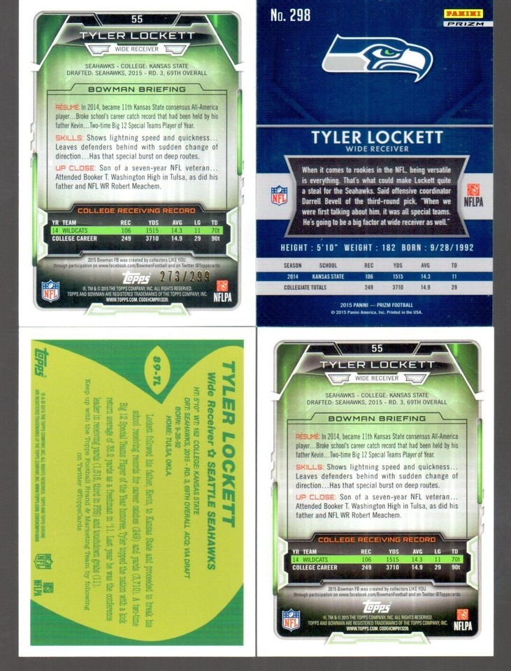 Tyler Lockett 4 Card Lot w #/D Rookie Rc 2015 Bowman Green Prizm Chrome ...