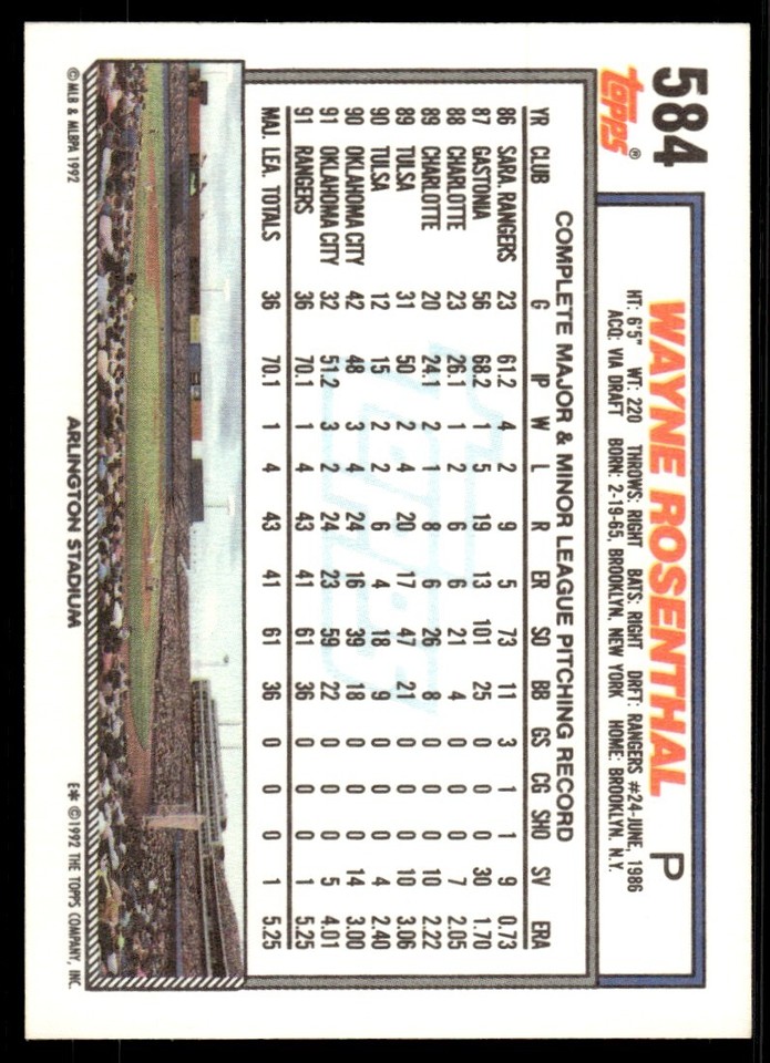 1992 Topps Baseball Card Wayne Rosenthal Rookie Texas Rangers #584 | eBay