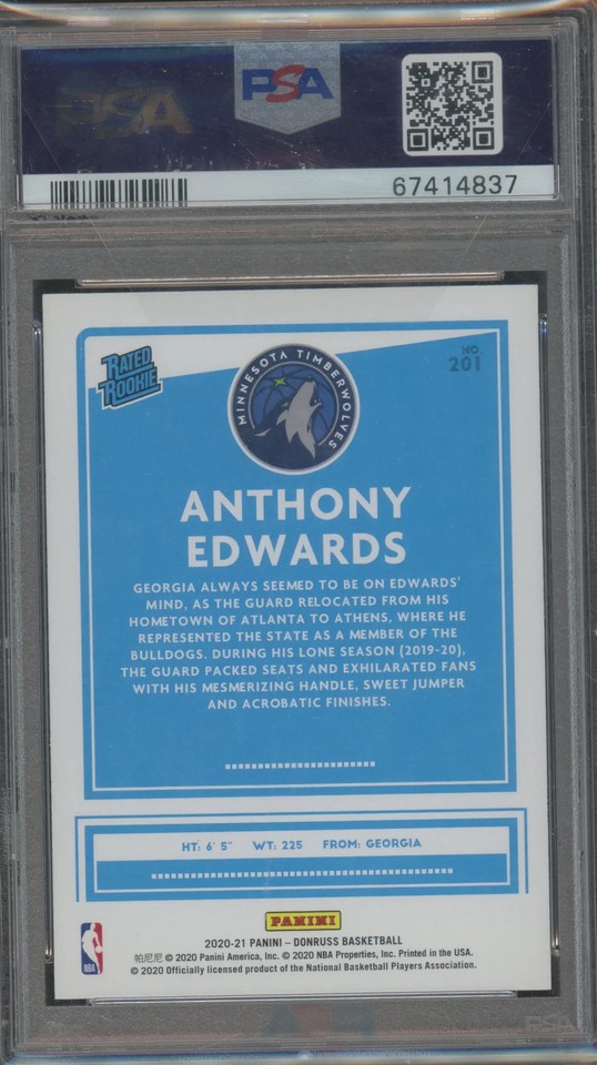 2020 Panini Donruss Rated Rookie Anthony Edwards #201 Yellow Flood PSA ...