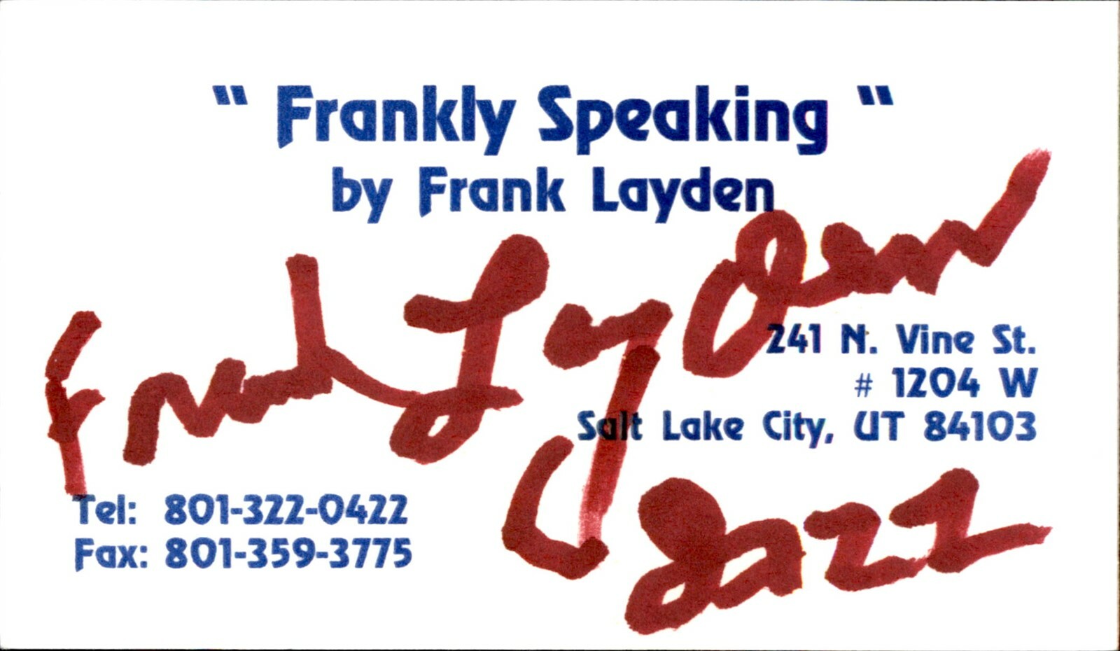 Frank Layden Signed Business Card Autographed Utah Jazz Coach HOF 66377 ...
