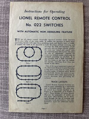 Instructions for Operating Lionel Remote Control No. 022 Switches 1947 ...