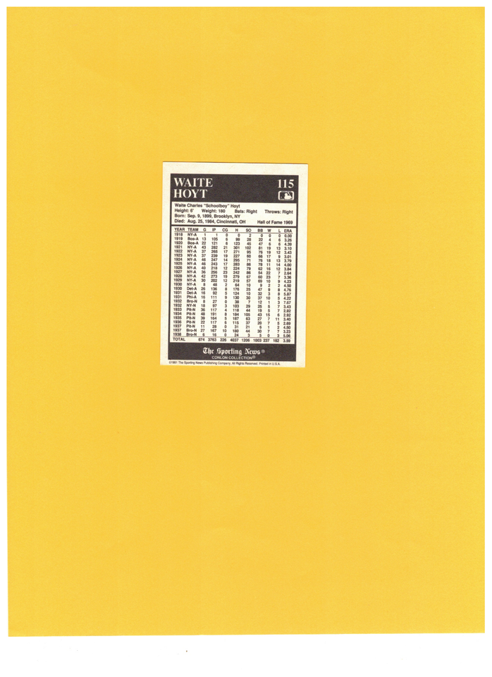 1991 Megacards Conlon Collection #115 Waite Hoyt Blank Front Error Card ...