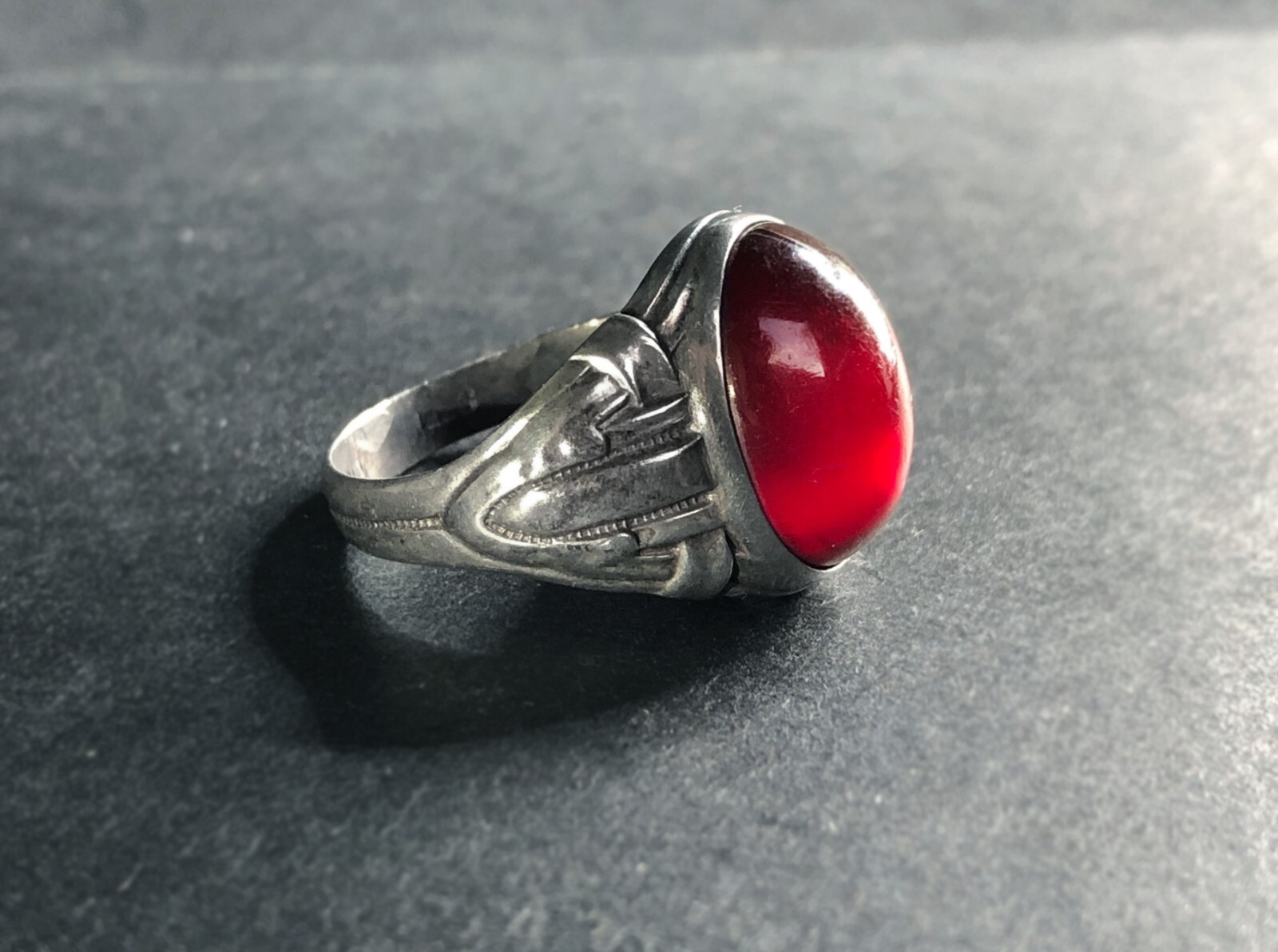 RARE ART DECO Men's Signet Ring Blood-Red Moonglow Ba… - Gem
