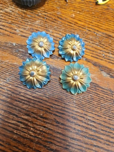 4 Vintage Blue Painted Metal Flower Push Pins Tacks Curtain Drapery Tie ...