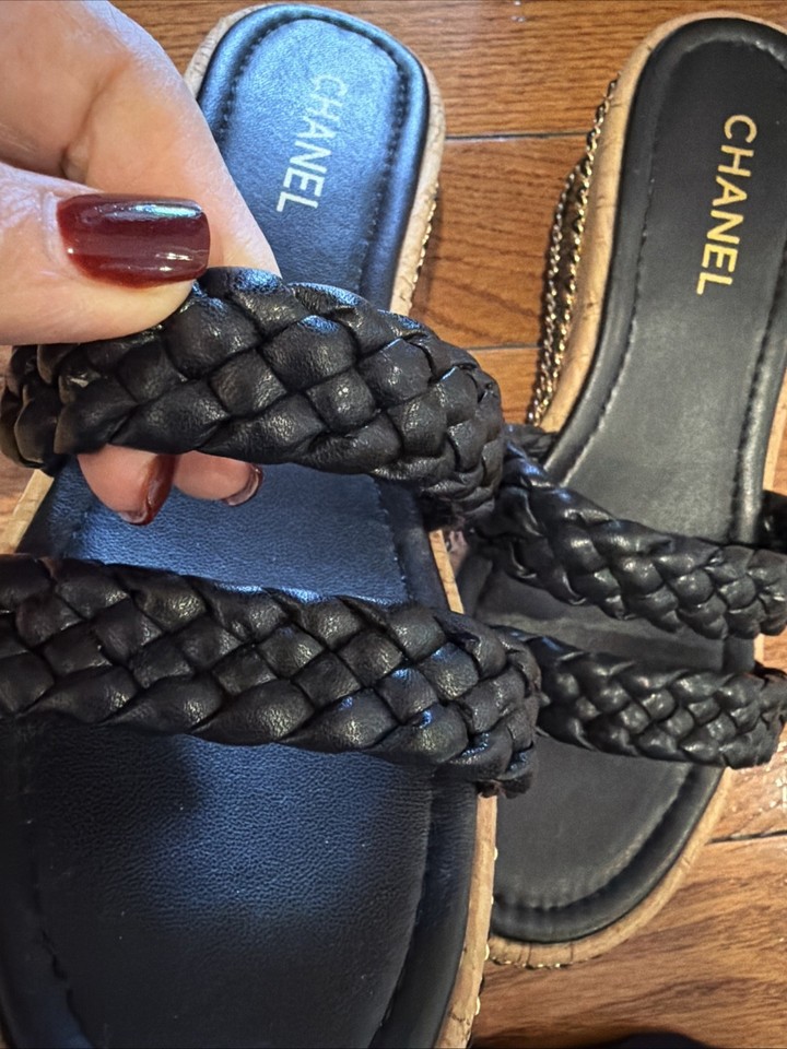Chanel Sandals Shoes Ripped Missing Cc Logo Black Sz 40 Wedge ...