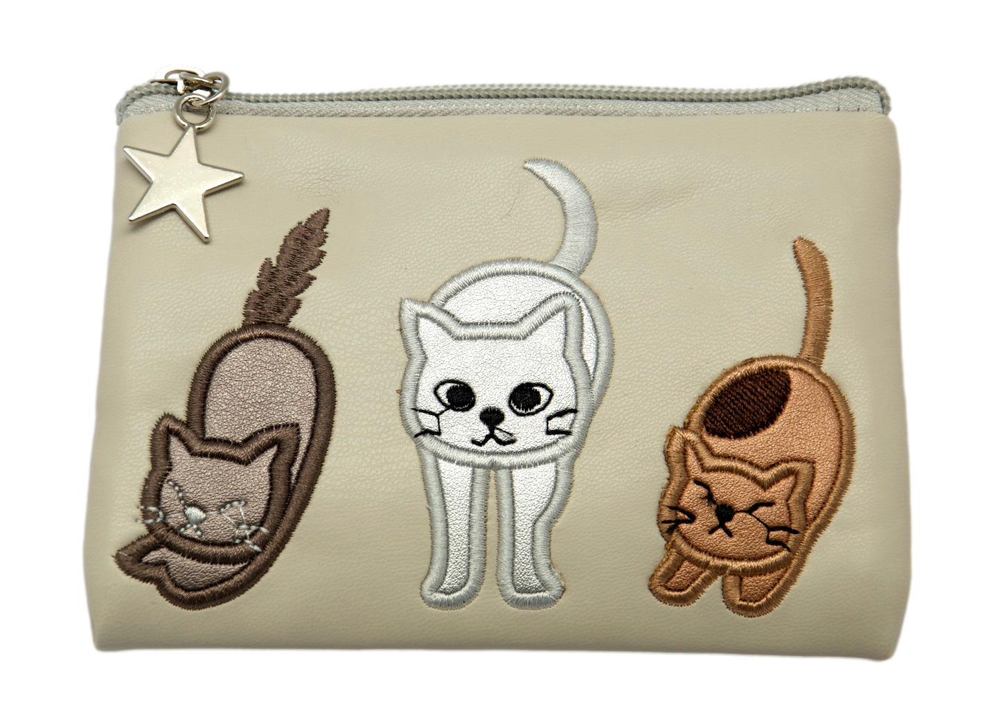 FAUX Leather Embroidered Applique Cats Ladies Coin Purse Black Cream ...