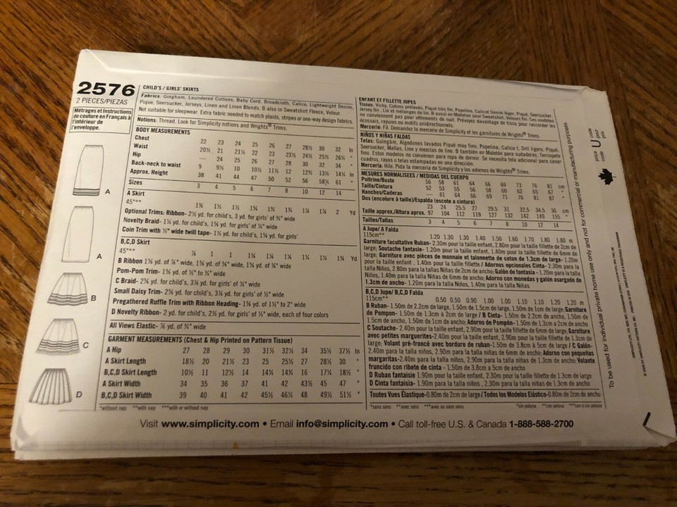 Simplicity Pattern 2576 Girls LEARN TO SEW Skirts 2 Lengths w ...