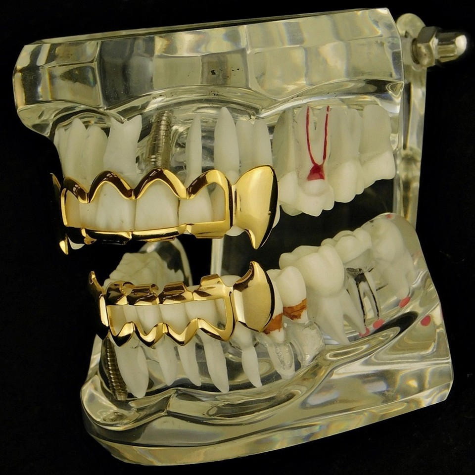 14k Gold Plated Fang Grillz Set 4 Full Open Teeth Vampire Grill Pre ...