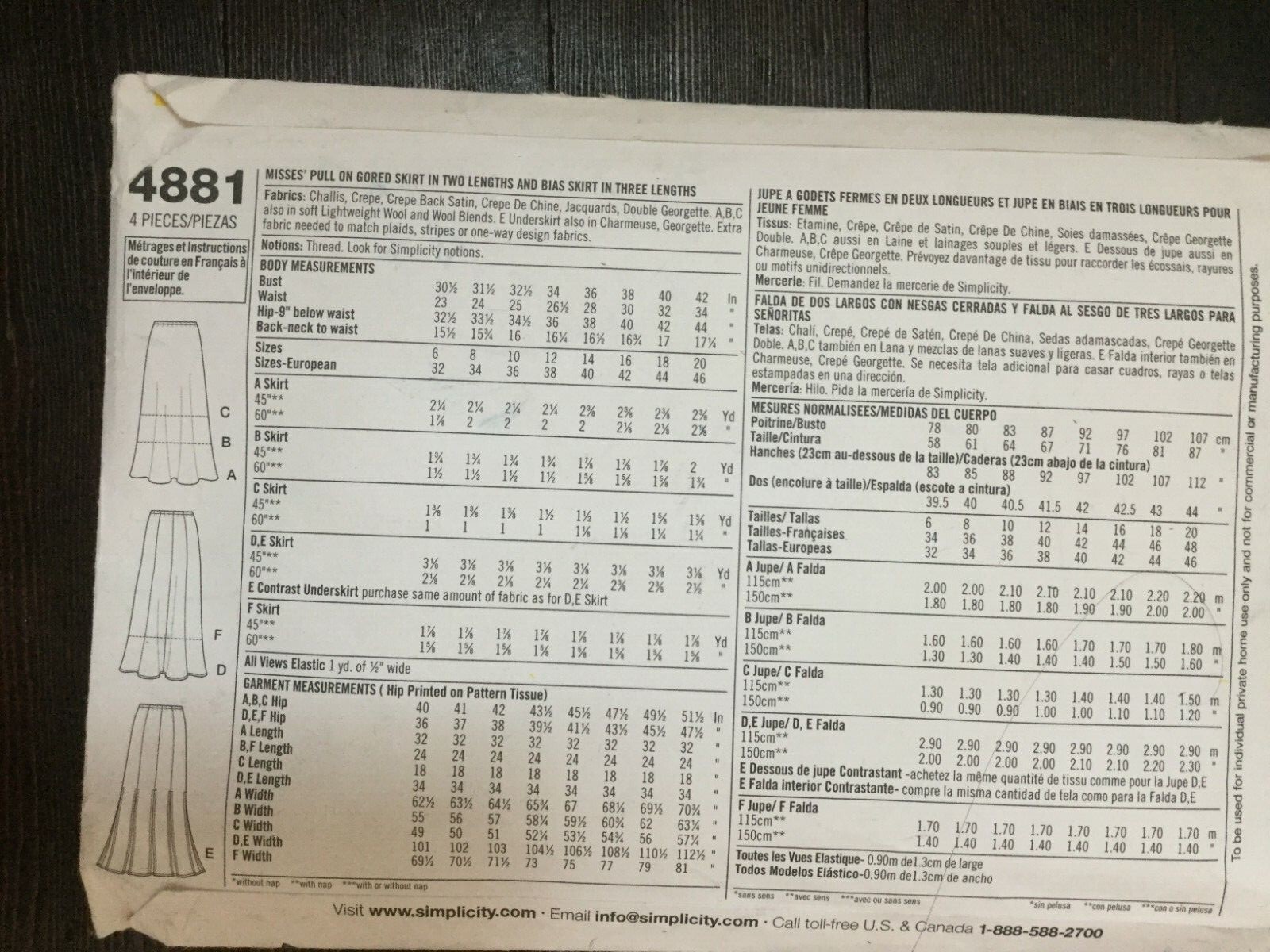 Simplicity 4881 Skirt 2 Hr Easy Gored or Bias 3 Lengths Size 14-20 ...