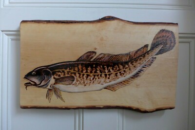 Wooden wall art with fish burbot design handcrafted pyrography fishing ...